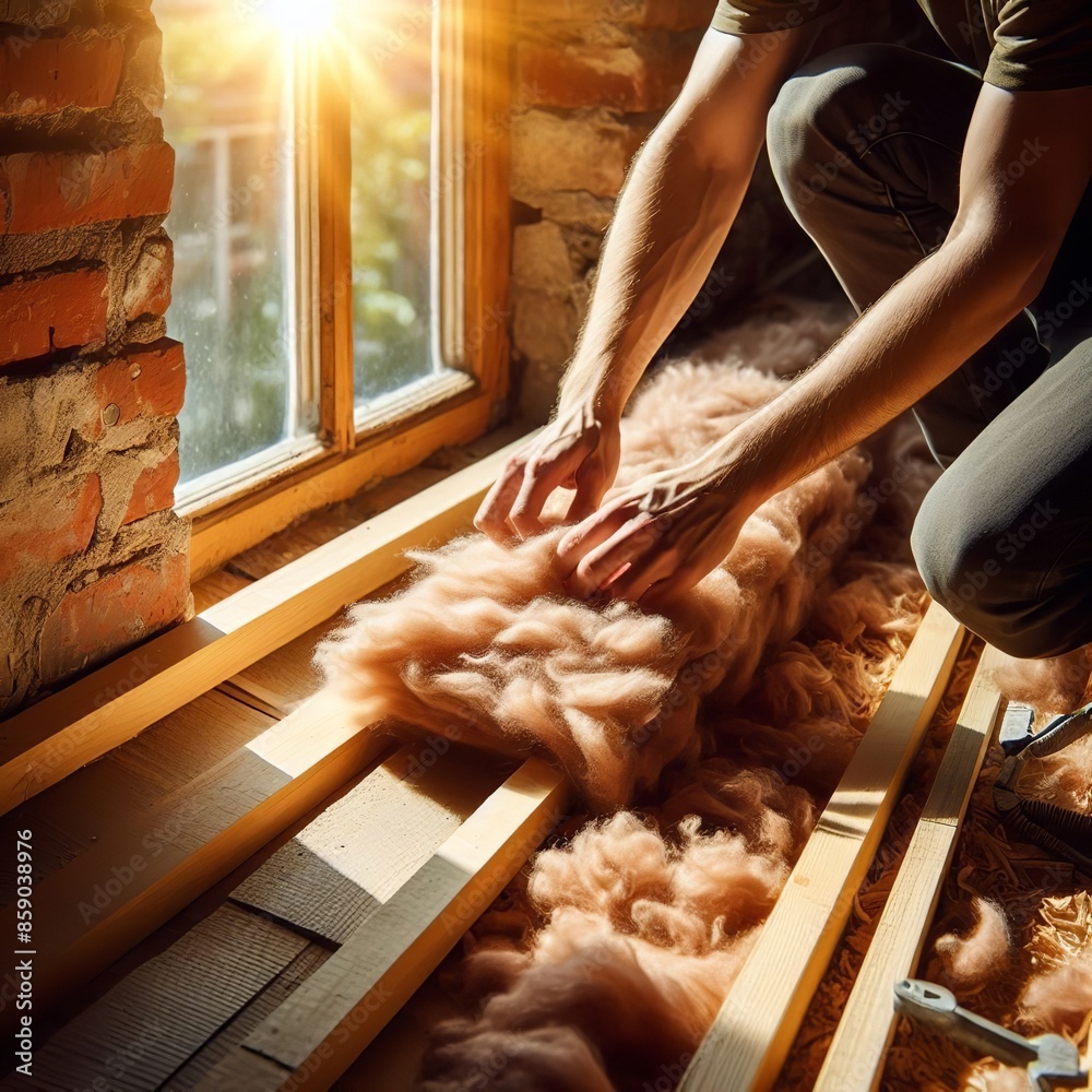 Construction worker thermally insulating house attic with glass wool ...