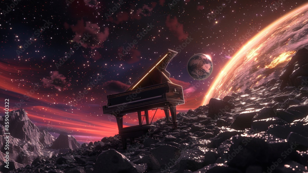 Visualize a surreal scene where a grand piano is floating in space ...