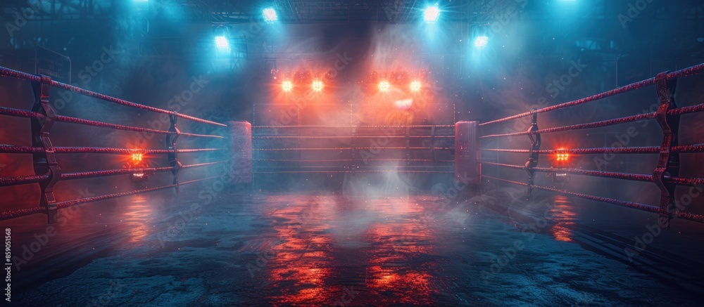 An empty futuristic boxing ring bathed in neon blue lighting, creating ...