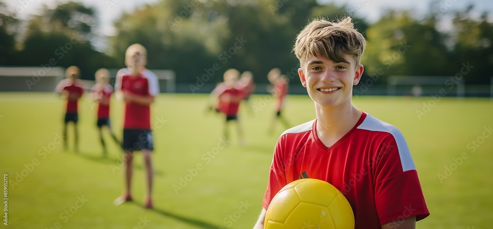 A teenage boy wearing red and white football kit stands on the field ...