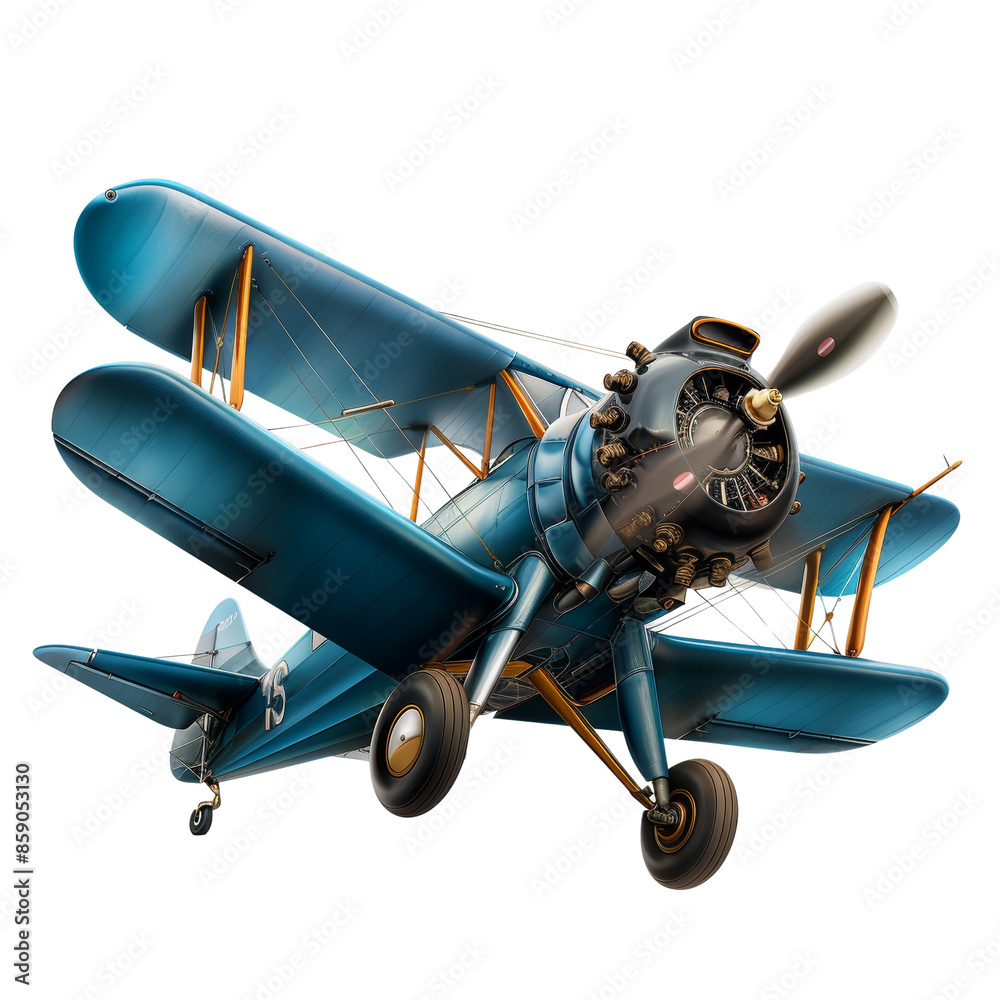 Vintage blue biplane with a radial engine and wooden propeller ...