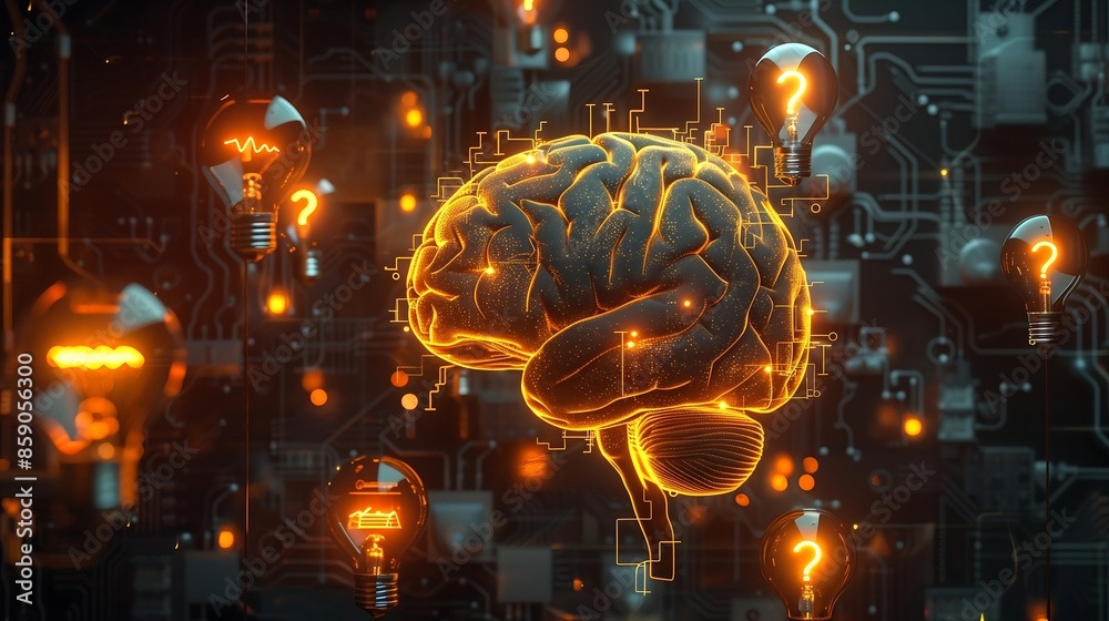a human brain with glowing circuits and pathways, surrounded by a halo ...