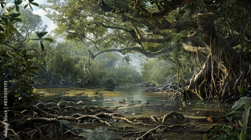 Foto de Mangrove Swamp: A mysterious mangrove swamp scene with tangled ...