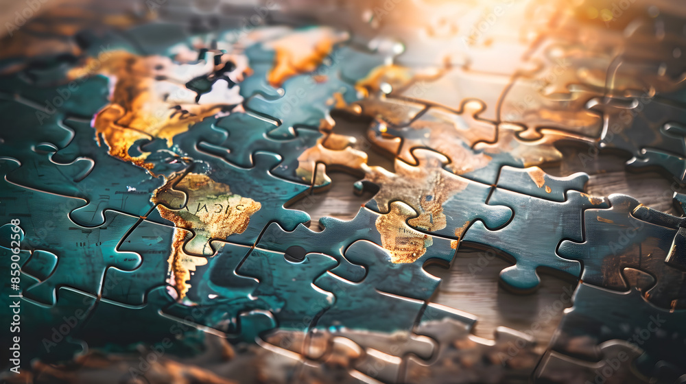 Colorful jigsaw puzzles come together to create a map. Each piece ...