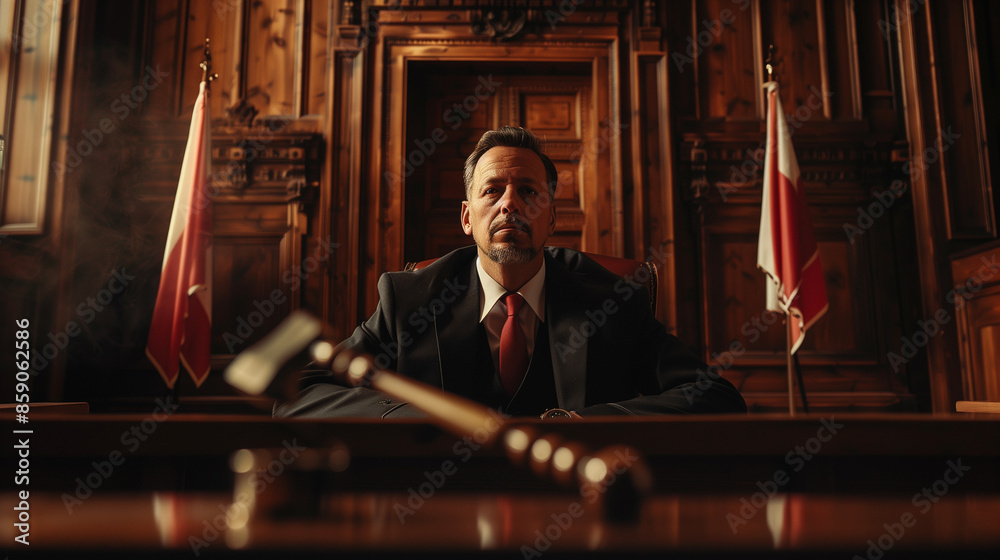 lawyer sitting in front of a table, on the table there is a gavel and ...