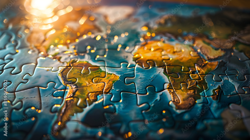 Colorful jigsaw puzzles come together to create a map. Each piece ...