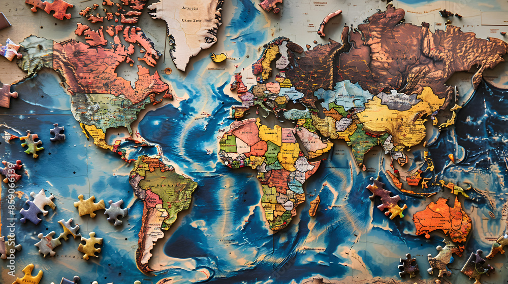 Colorful jigsaw puzzles come together to create a map. Each piece ...