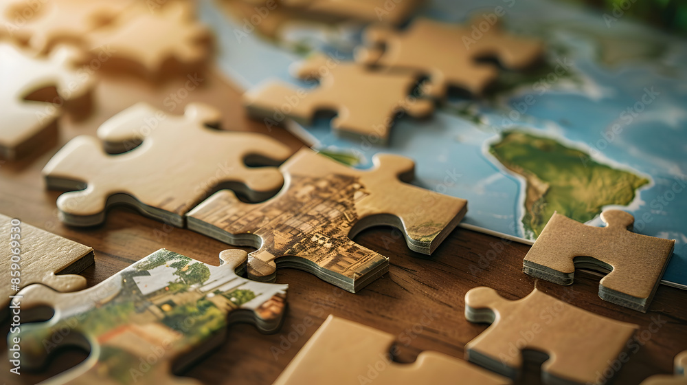 Colorful jigsaw puzzles come together to create a map. Each piece ...
