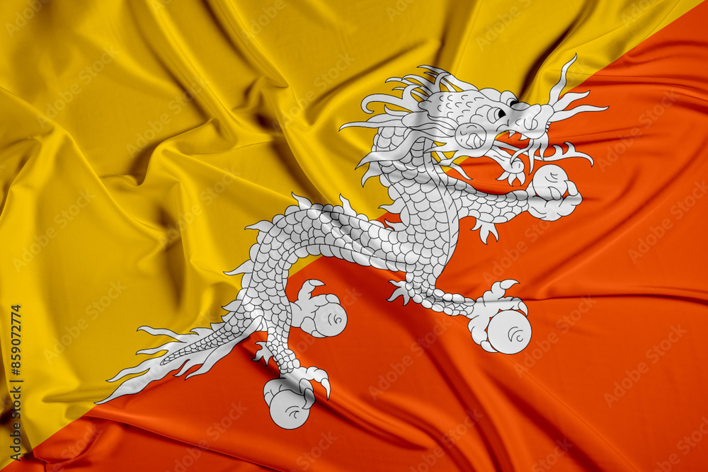 Bhutan official national flag of silk fabric texture. Waving Fabric ...