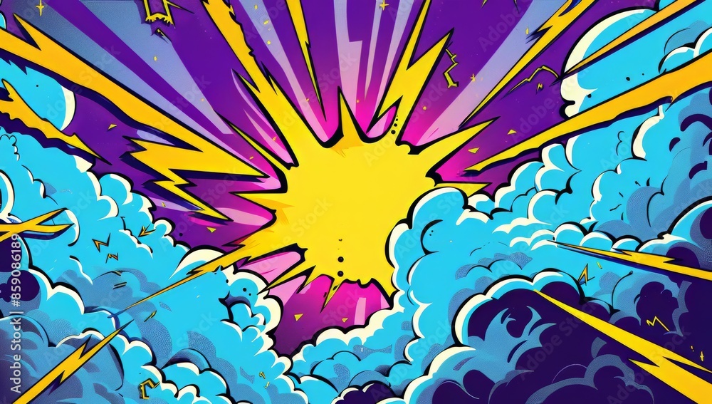 A comic book style pow explosion with colorful energy rays and artwork ...