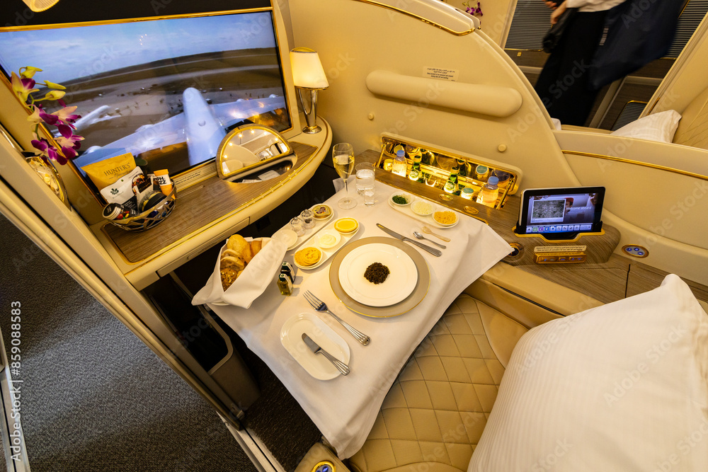 Luxury passenger menu with caviar in First Class onboard of Emirates ...