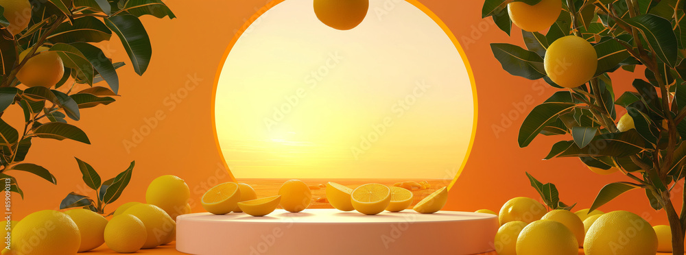 lemon podium with a lot of lemons around, in the background there is an ...