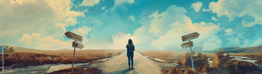 A Woman Standing at a Crossroads with Signs Pointing to Different ...