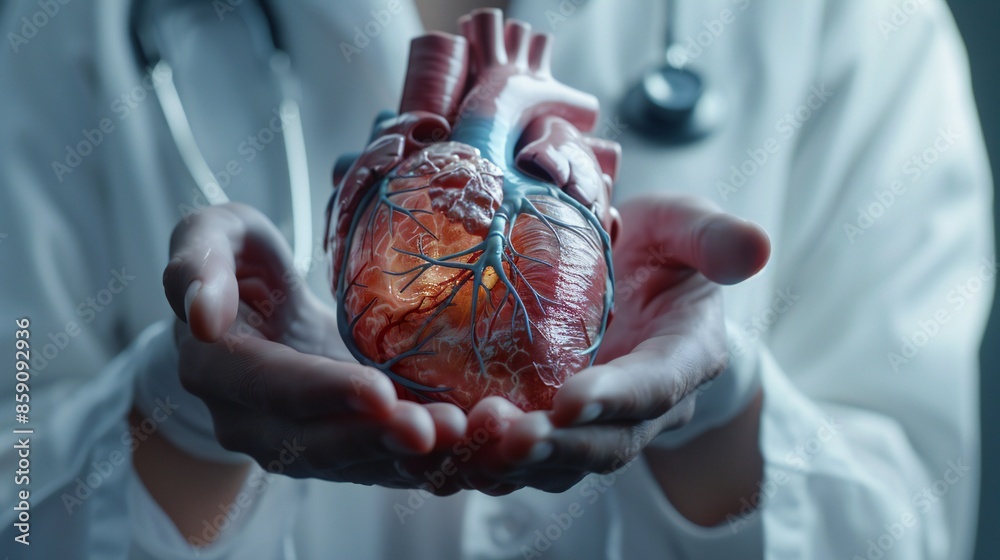Doctor's hands displaying a detailed 3D heart model, focusing on the ...