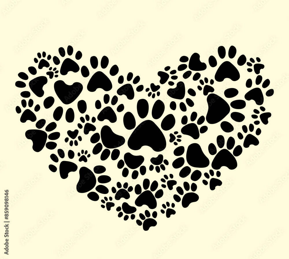 Dark paw prints in heart shape illustration. Cat or dog paw prints ...