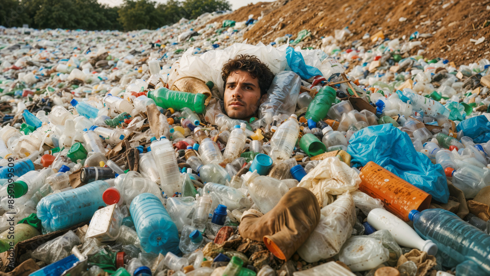 Man buried in sea of plastic waste. Represents overwhelming plastic ...