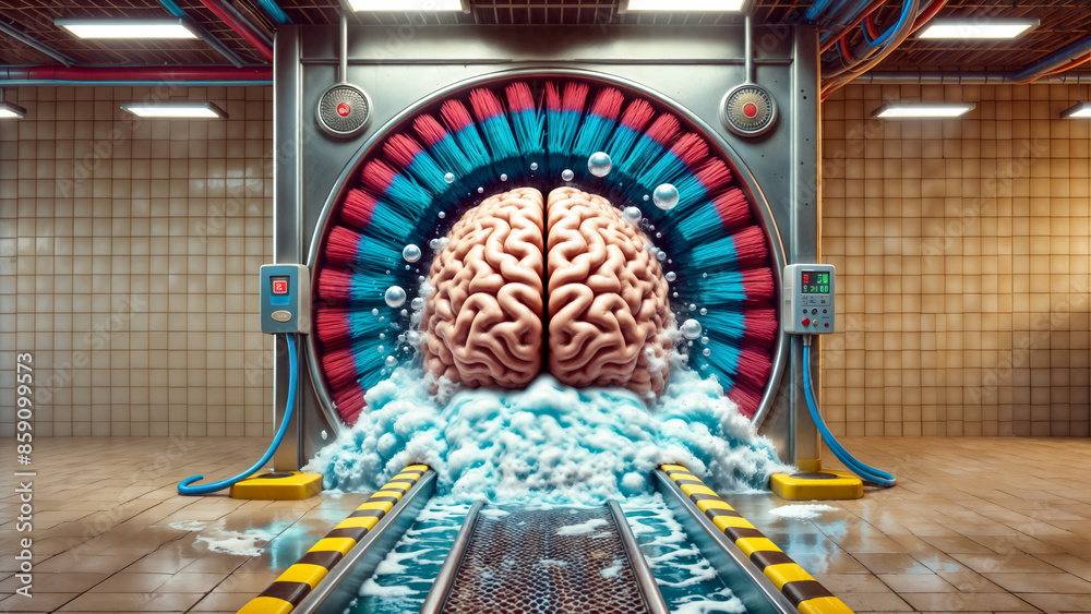 Brainwashing - brain is being scrubbed by large mechanical brushes in ...