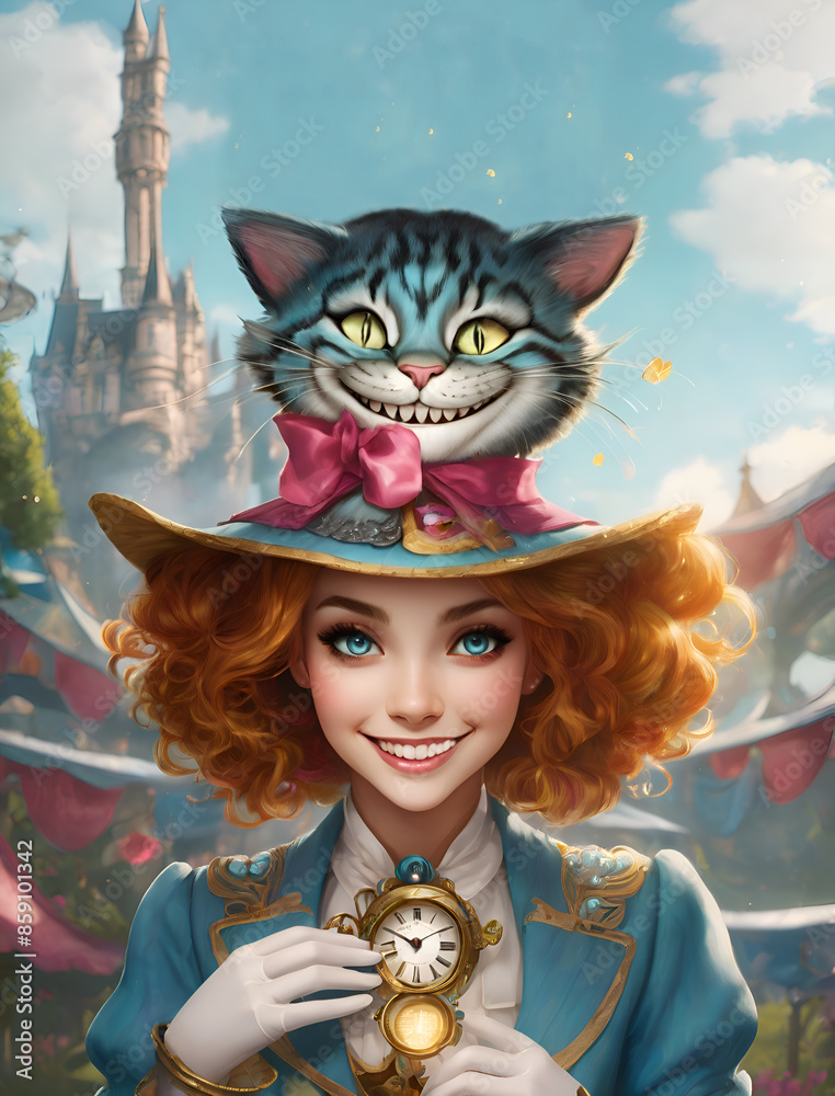 little girl Alice with Cheshire cat in wonderland. sureal close up ...