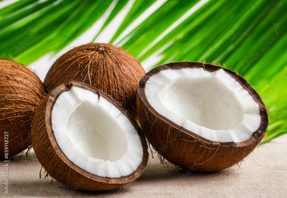 Coconuts cut in half. exotic tropical fruit. Coconuts and palm leaves ...