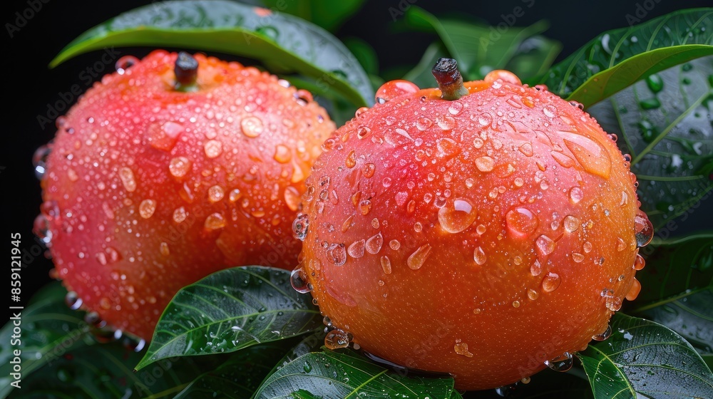 Organic ripe indian mangoes on trees, Exotic tropical summer season ...