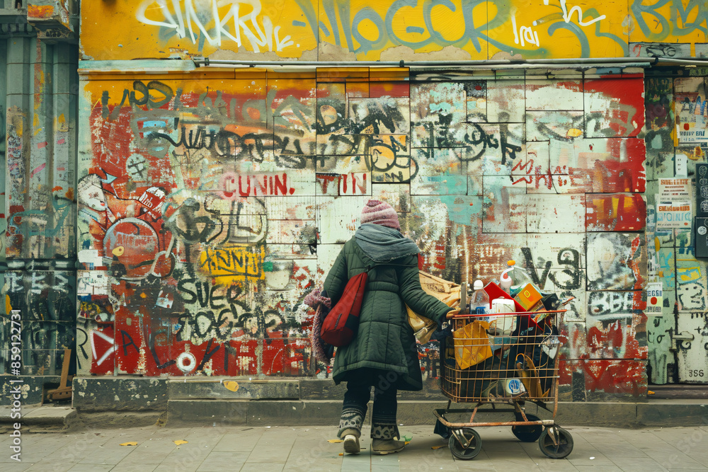 A homeless woman drags all her belongings in a supermarket cart. The ...