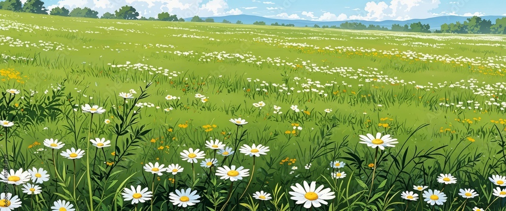 Anime animation of beautiful field meadow flowers chamomile as a nature ...