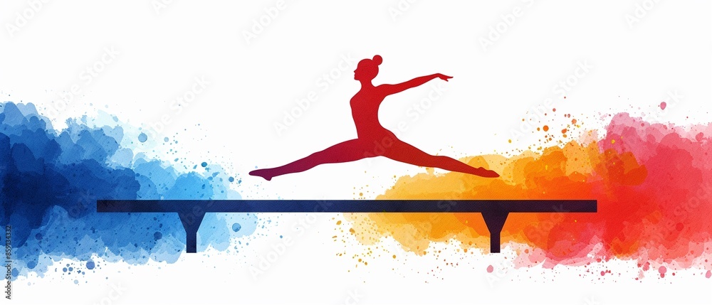 Artistic depiction of a gymnast on a balance beam in a red leotard ...
