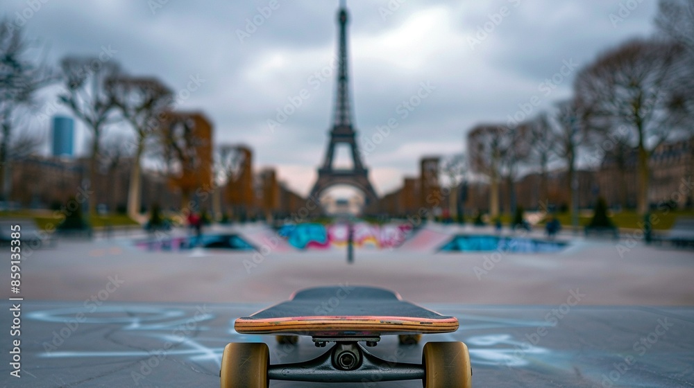 Empty skate park adorned with graffiti, Eiffel Tower in view, wintery ...