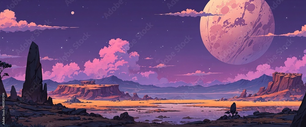 Alien plateau landscape with craters and floating islands under a ...