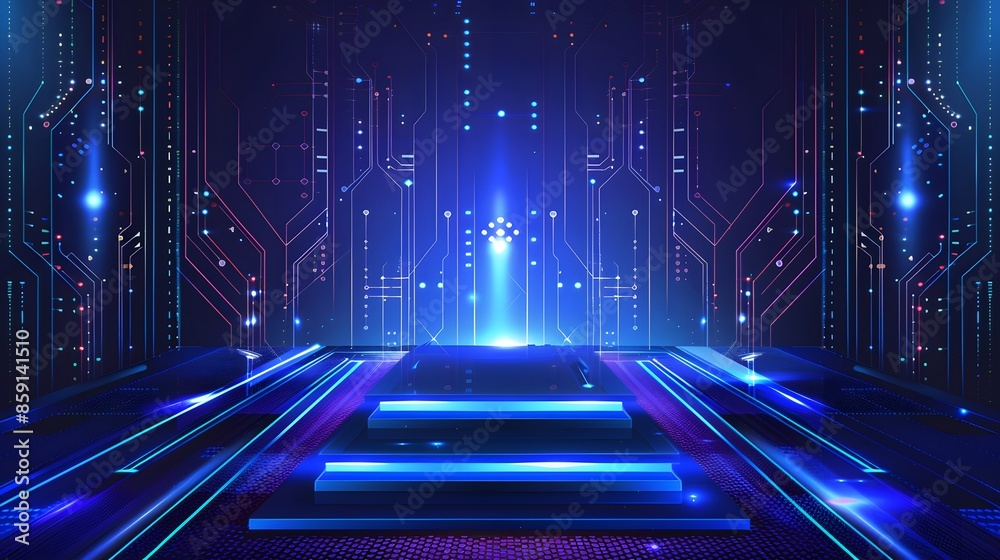 Vector illustrations of Futuristic digital technology stage with ...