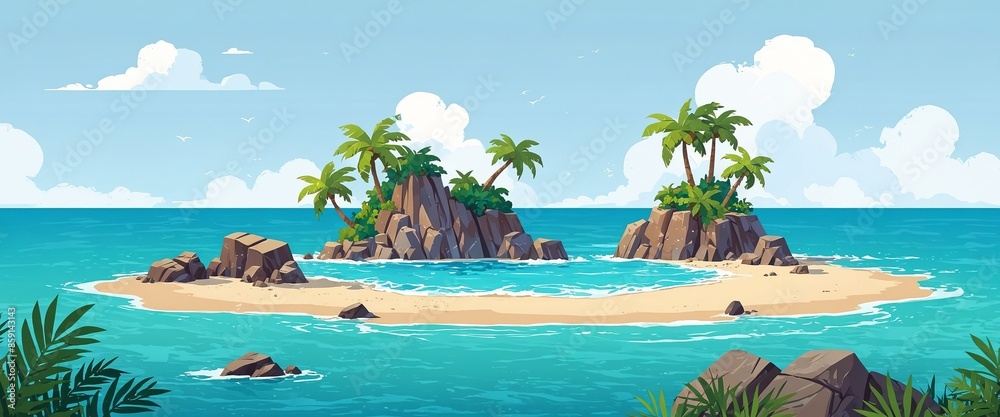 Tropical landscape modern illustration showing an island in the ocean ...