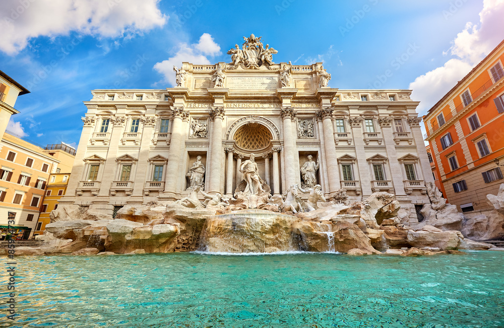 Low angle view at Fountain di Trevi in Rome, Italy. Ancient Fontana ...
