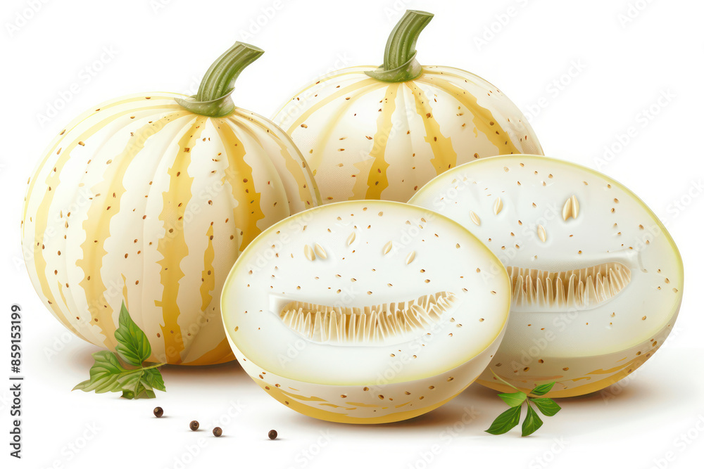 Fresh Striped Melons with Whole and Sliced Views, Delicious Cantaloupe ...