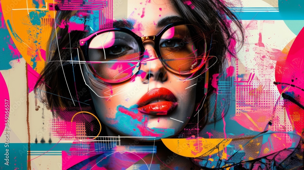 Modern Pop art collage. Beauty woman face with nice Red lips. Stock ...