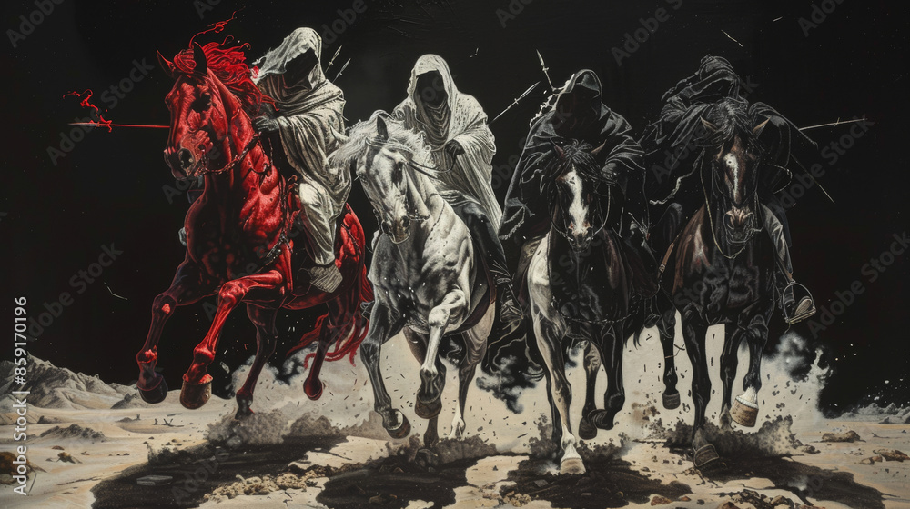 The Four Horsemen of the Apocalypse ride down a hill towards a distant ...