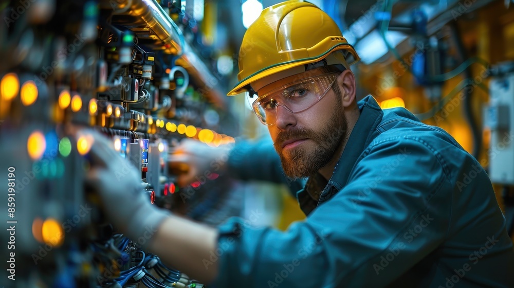 An engineer wearing a safety helmet working with electrical equipment ...