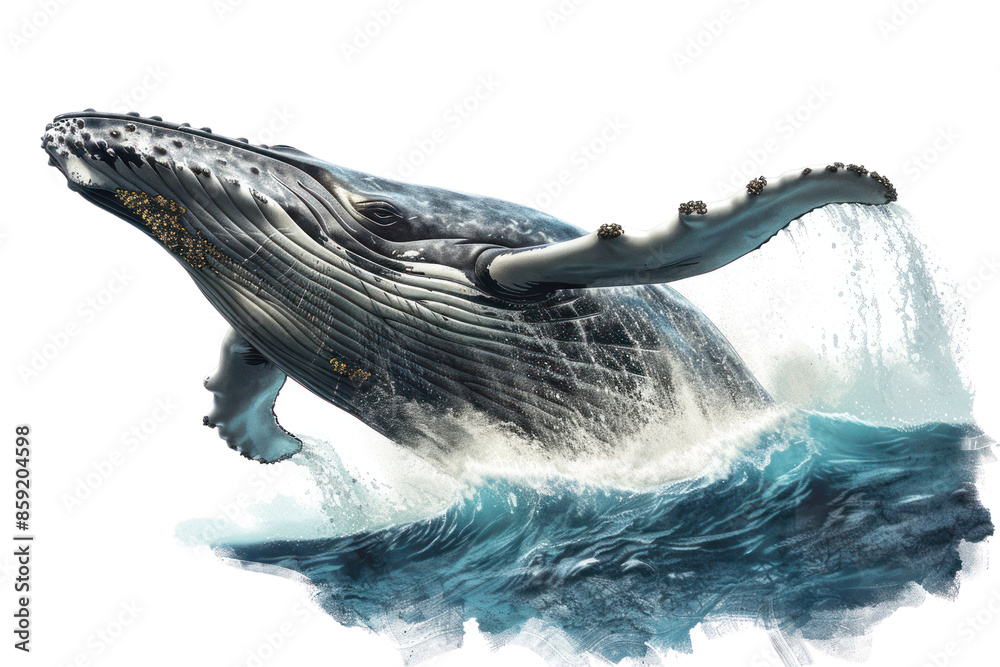 Dramatic image of a majestic humpback whale breaching out of the ocean ...