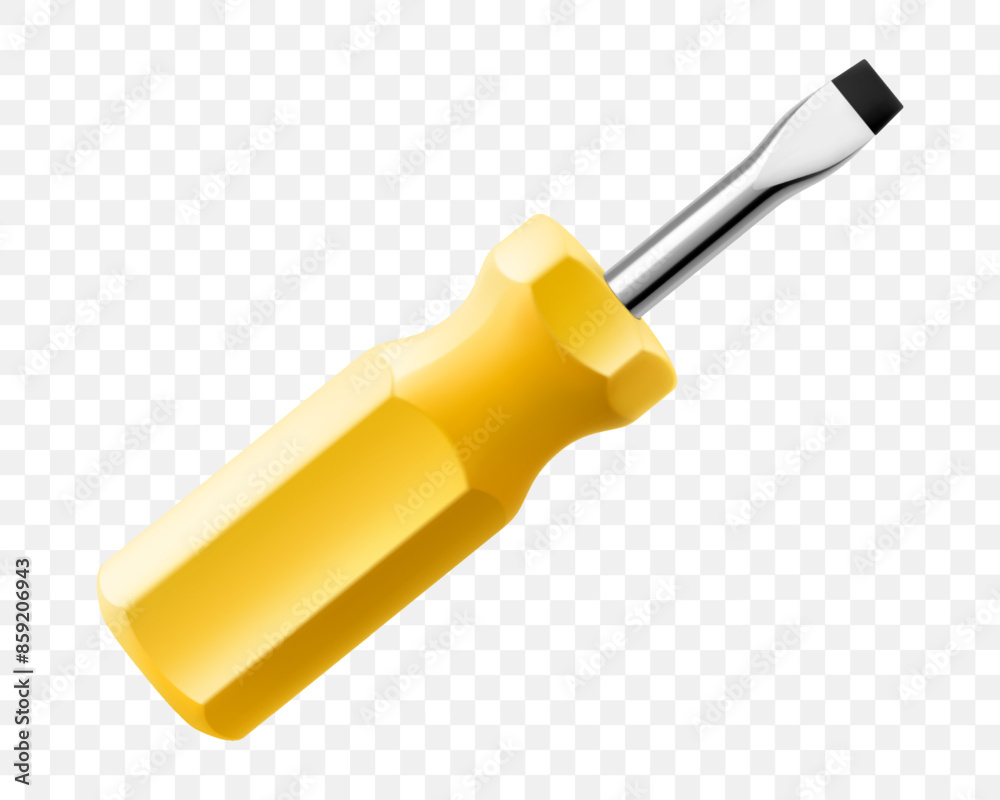 Flat head screwdriver isolated on transparent background. Yellow short ...