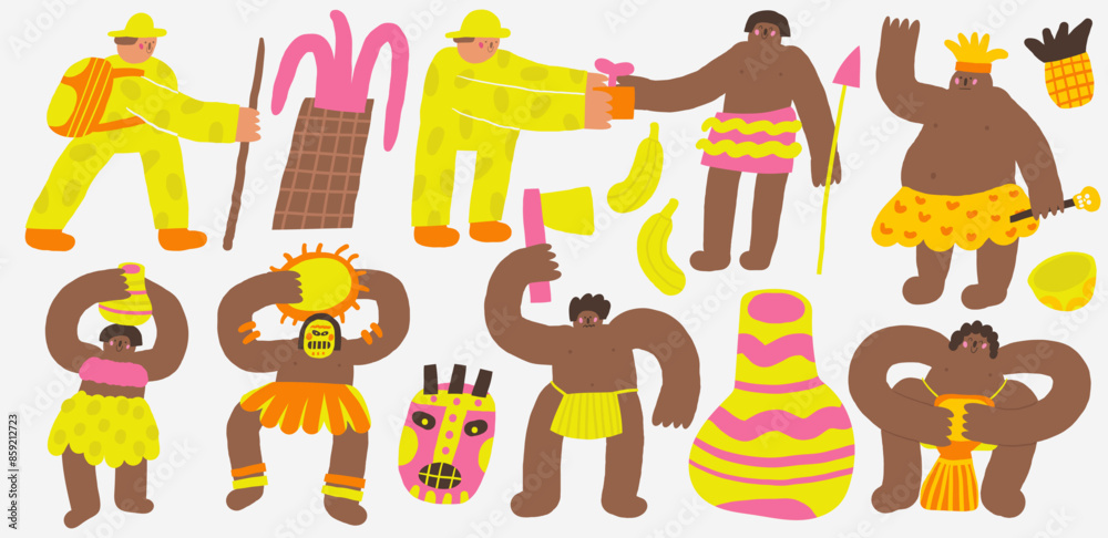 Cute jungle africa funny hand drawn doodle tribal people set with chief ...