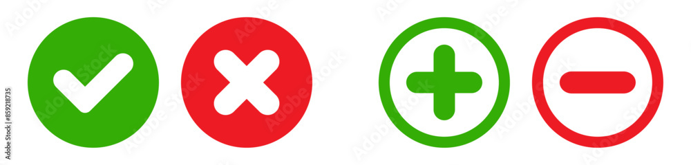 Set of check mark, x mark, plus sign and minus symbol icons in circle ...