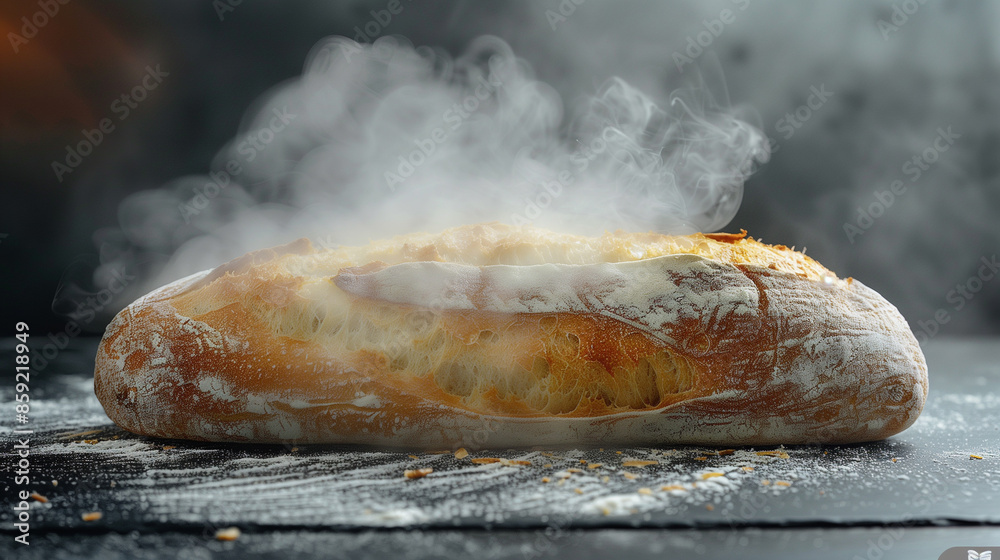 Whole loaf of bread torn in half on dark background, steam rising from ...