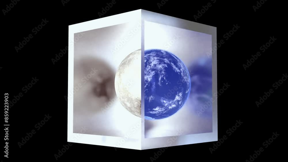 The earth and moon seamless rotating 360 degree in the metallic box as ...