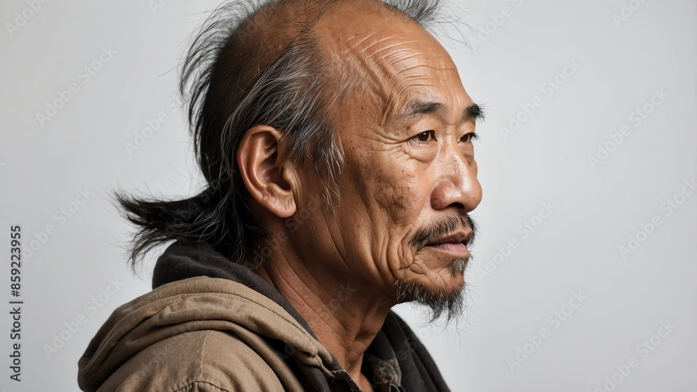 asian homeless man side view portrait on plain white background Stock ...