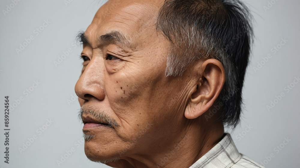 elder handsome asian guy side view portrait on plain white background ...