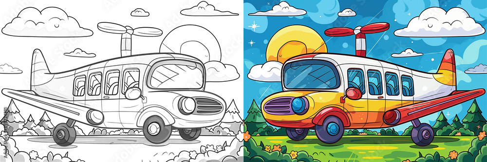 Cartoon Helicopter Coloring page book for kid with reference. Colorful ...