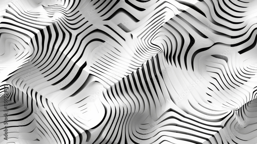 3d black and white abstract wallpaper. Outline Topographic geography map. Moving waves on white ...