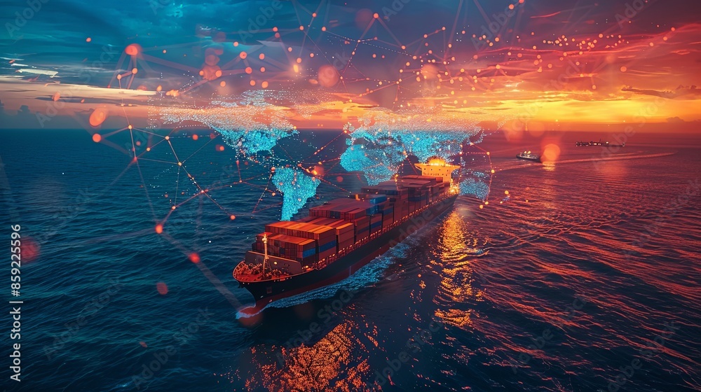 A cargo liner cruises through twilight waters, with a network ...