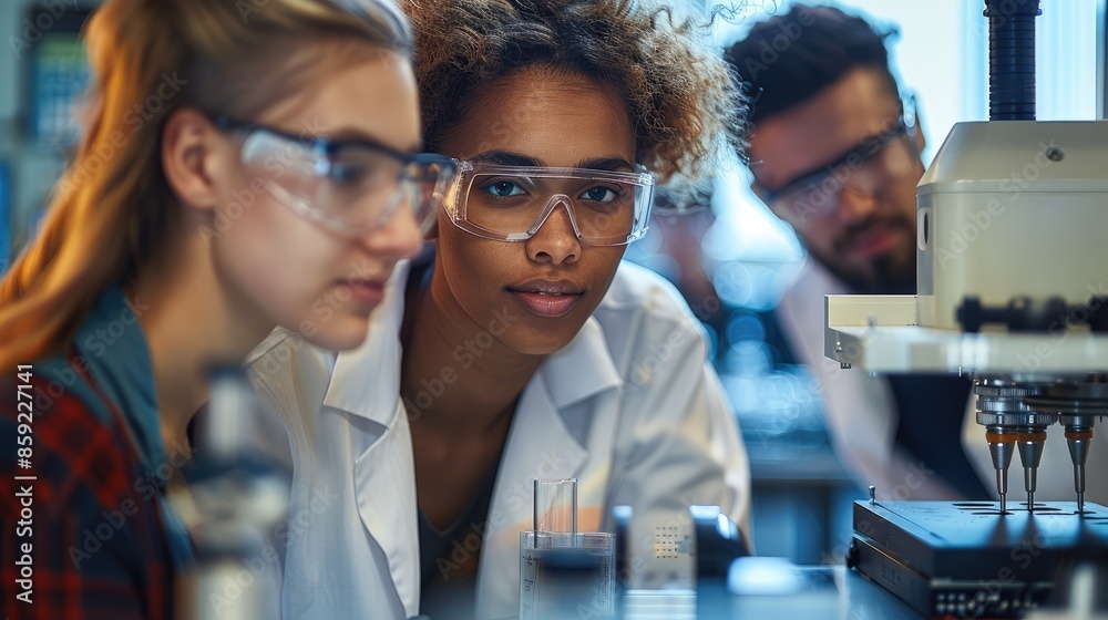 A group of scientists working with joy and commitment on a physics ...