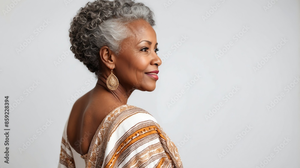 mature beautiful african woman side view portrait on plain white ...