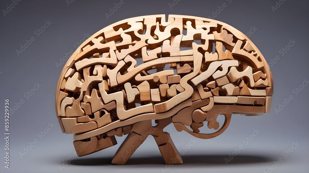 Made from wooden puzzle pieces, shaped like a brain. The brain's ...